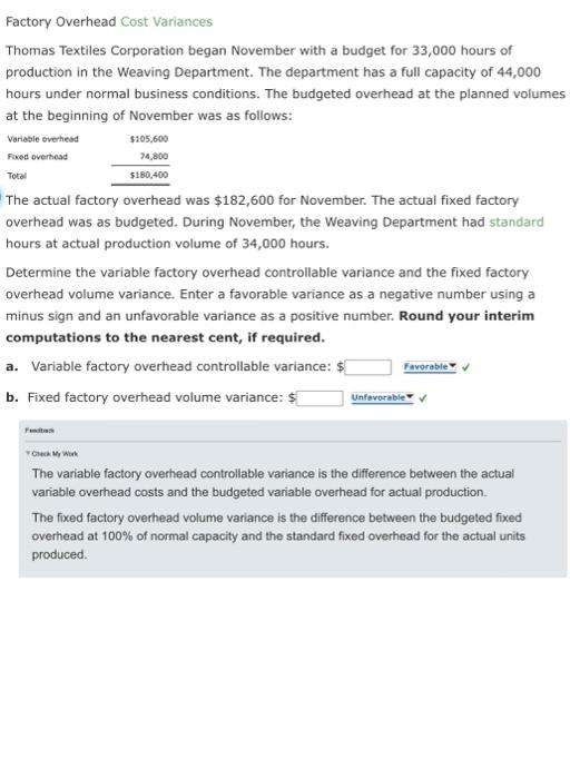 Solved Factory Overhead Cost Variances Thomas Textiles | Chegg.com