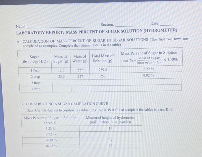 Name: Section: Date: LABORATORY REPORT: MASS PERCENT | Chegg.com