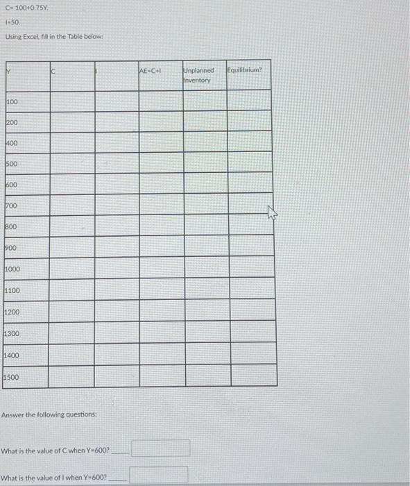 Solved C=100+0,75Y=50. Using Excel, fill in the Table below: | Chegg.com