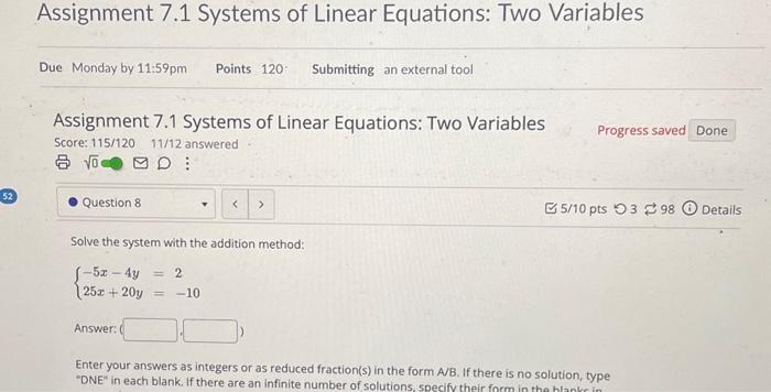 Solved Assignment 7.1 Systems of Linear Equations: Two | Chegg.com