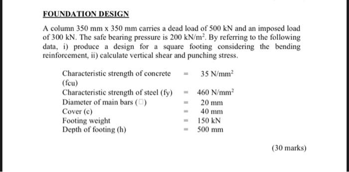 Solved FOUNDATION DESIGN A column 350 mm×350 mm carries a | Chegg.com
