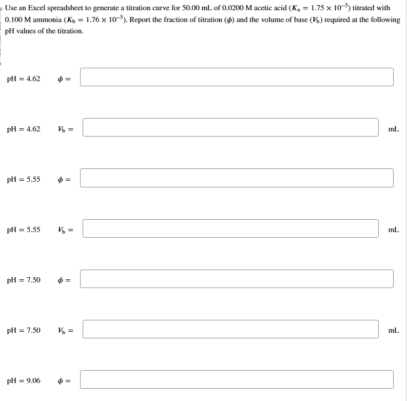Solved Use an Excel spreadsheet to generate a titration | Chegg.com
