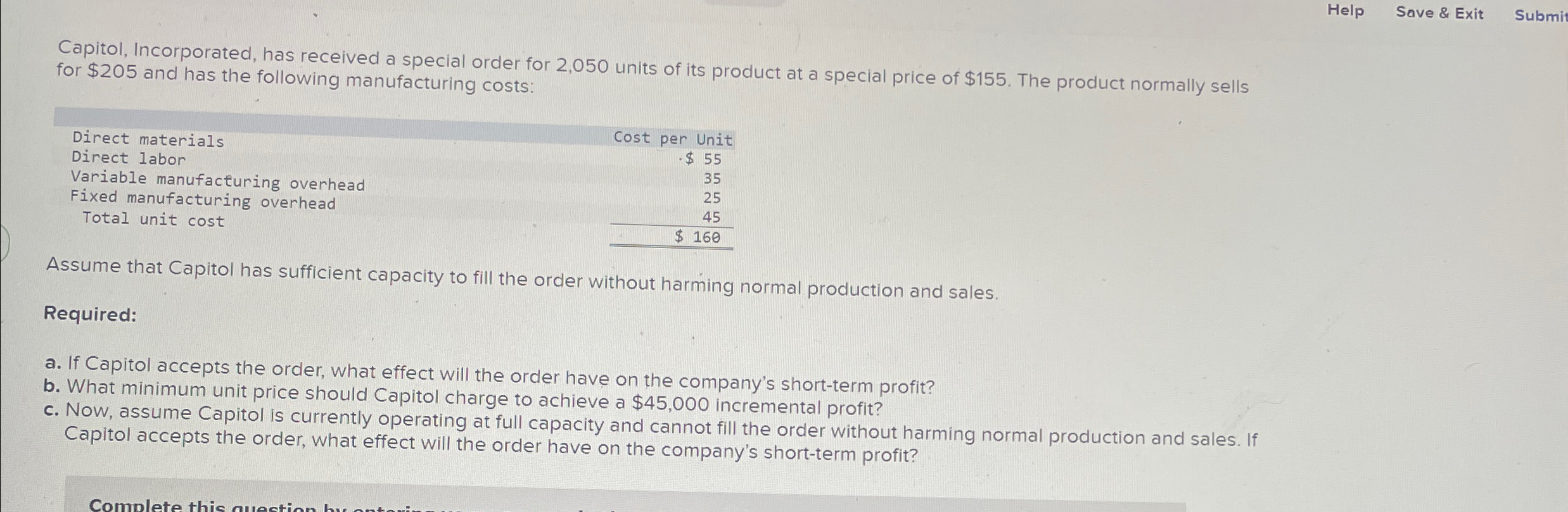 Solved Capitol, Incorporated, has received a special order | Chegg.com