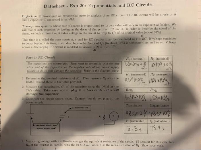 Solved Datasheet - Exp 20: Exponentials and RC Circuits | Chegg.com