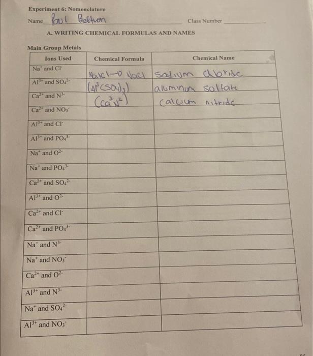 Solved Experiment 6: Nomenclature Name A. WRITING CHEMICAL | Chegg.com