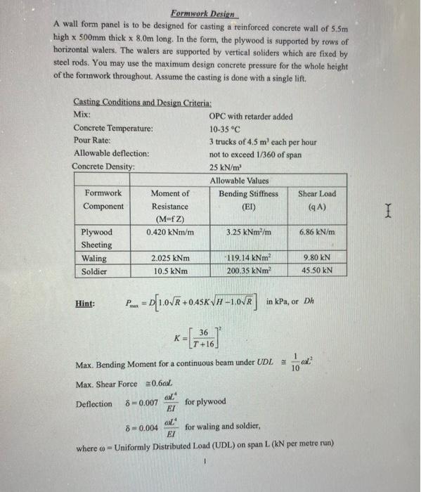 Solved Formwork Design. A wall form panel is to be designed | Chegg.com