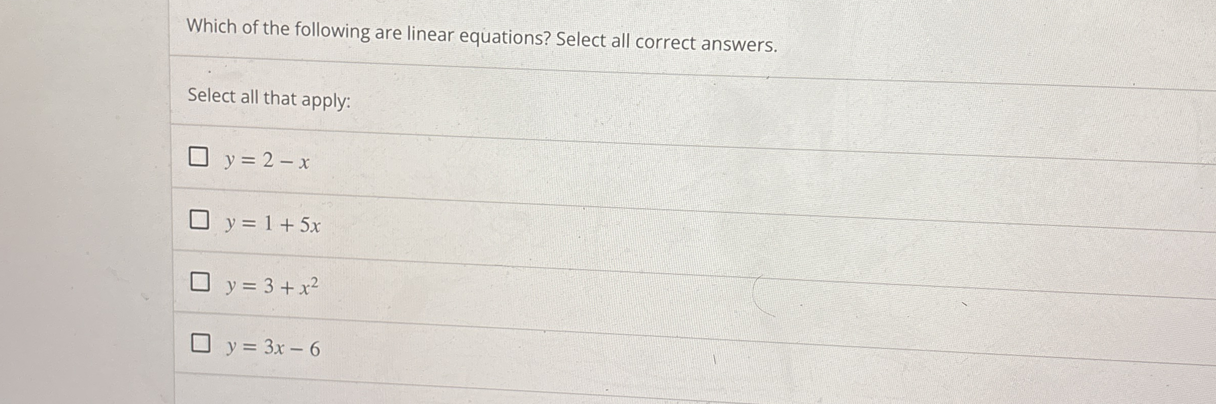Solved Which of the following are linear equations? Select | Chegg.com