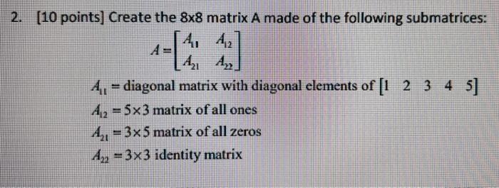 Solved 2. [10 points] Create the 8×8 matrix A made of the | Chegg.com