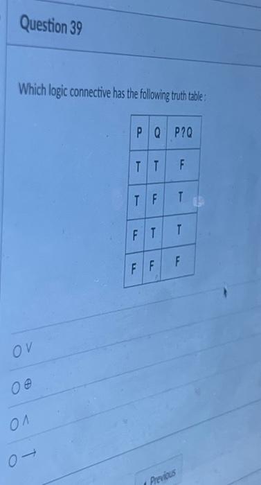 Solved Which Logic Connective Has The Following Truth Table