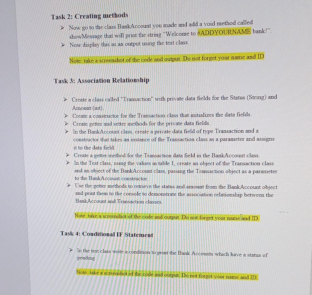 Solved Task 1: Creating a Bank Account Class and Object | Chegg.com