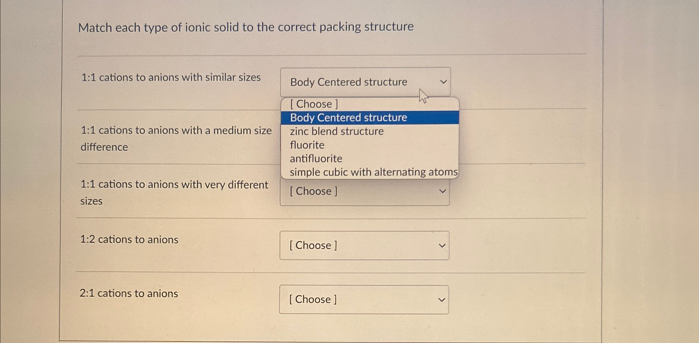 Solved Match each type of ionic solid to the correct packing | Chegg.com