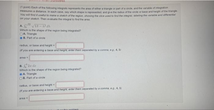Solved (1 point) Each of the following integrale repcesents | Chegg.com