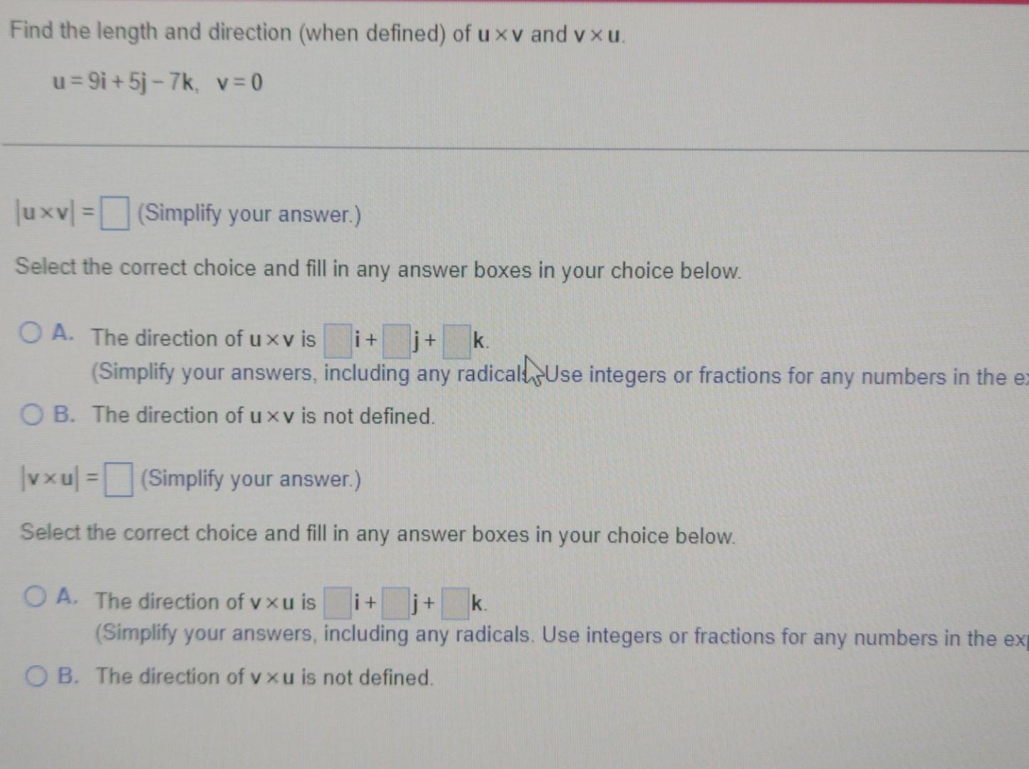 Solved Find the length and direction (when defined) ﻿of u×v | Chegg.com