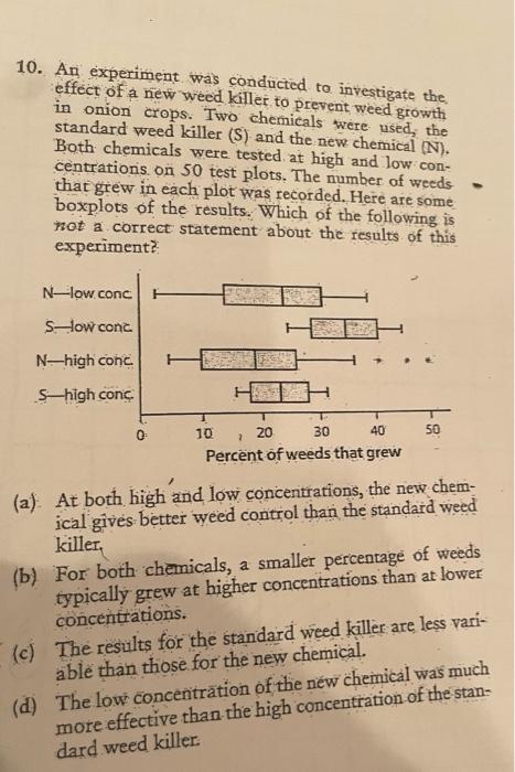 Solved 10. An experiment was conducted to investigate the | Chegg.com