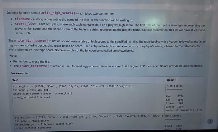 Solved Define a function named write_high_score() which | Chegg.com Solved Define a function named write_high_score() which | Chegg.com