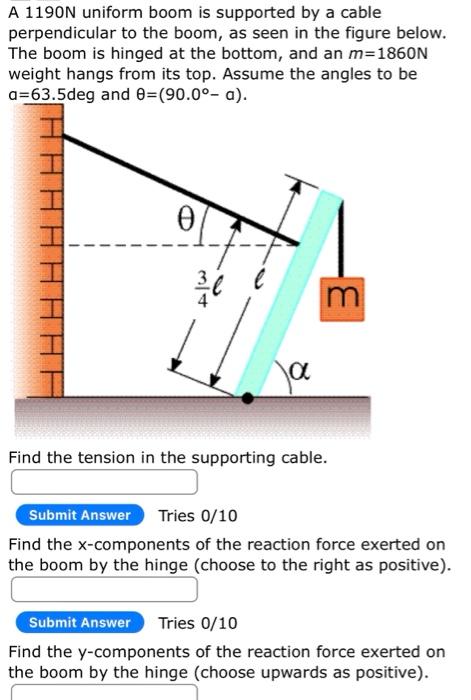 Solved A 1190 N uniform boom is supported by a cable | Chegg.com