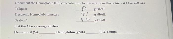 Solved Document the Hemoglobin ( Hb) concentrations for the | Chegg.com
