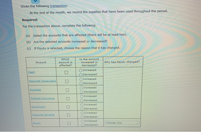 Solved Given the following transaction: At the end of the | Chegg.com