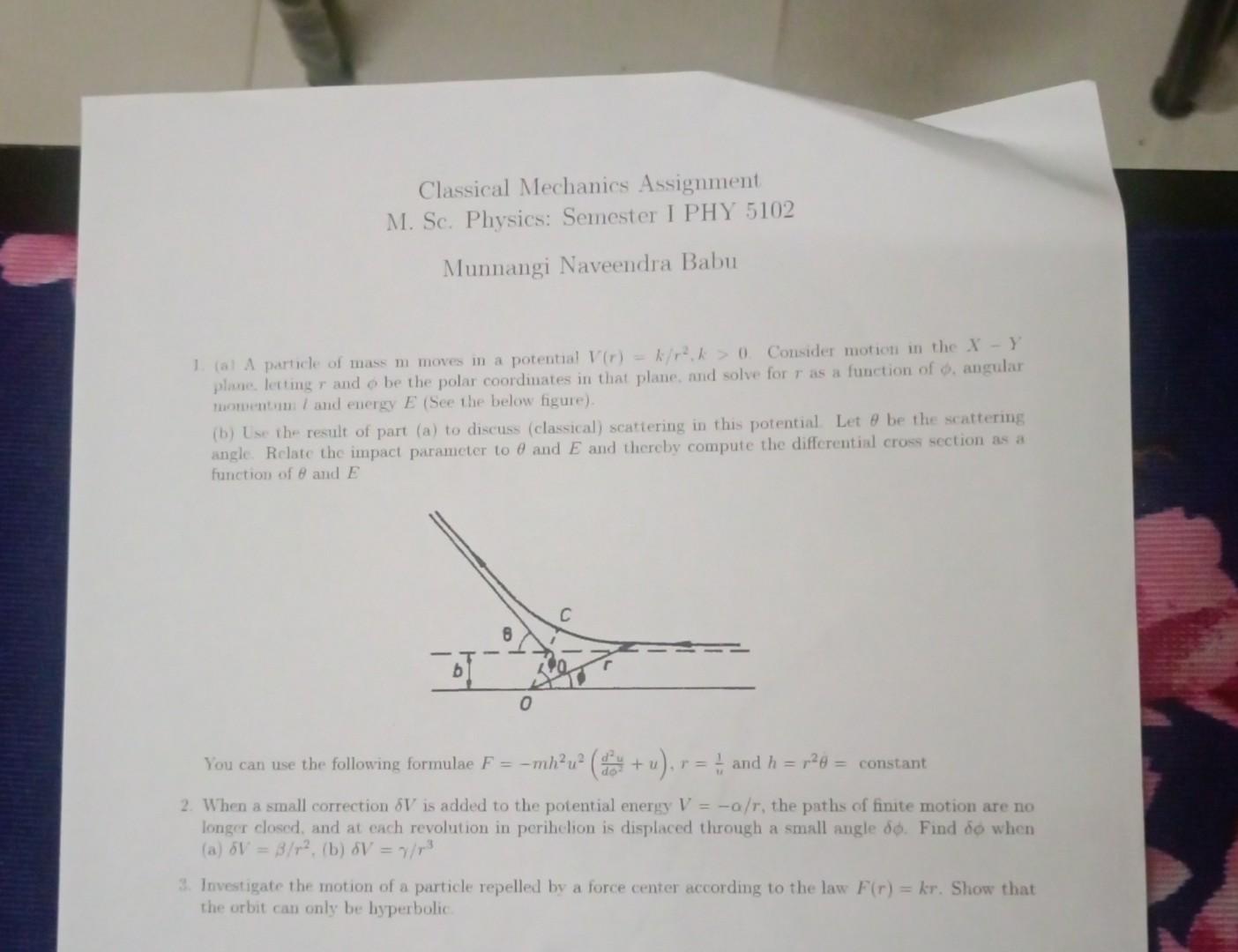 Solved Classical Mechanics Assignment M. Sc. Physics: | Chegg.com