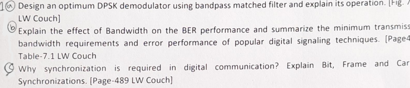Solved (a) Design an optimum DPSK demodulator using bandpass | Chegg.com