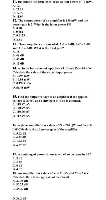 Solved 11 Determine The Dbm Level For An Output Power Of 19 3796