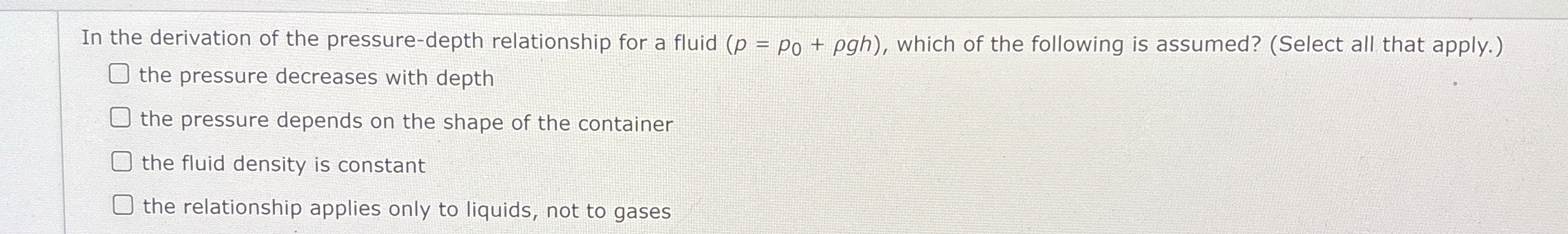 Solved In the derivation of the pressure-depth relationship | Chegg.com