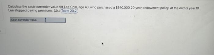 Solved Calculate the cash surrender value for Lee Chin, age | Chegg.com