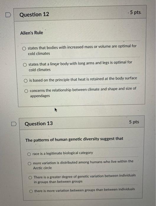 Solved Question 12 5 pts Allen's Rule Ostates that bodies | Chegg.com