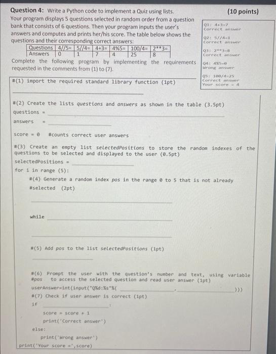 Solved Question 4: Write a Python code to implement a Quiz | Chegg.com