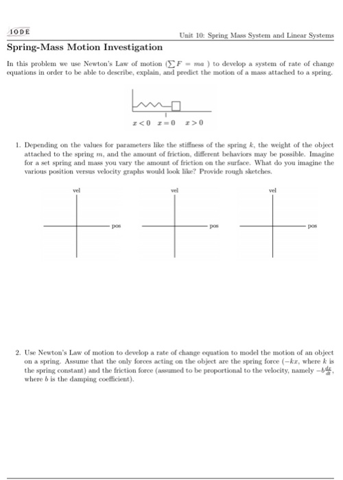 Solved Unit 10: Spring Mass System and Linear Systems 1ODE | Chegg.com