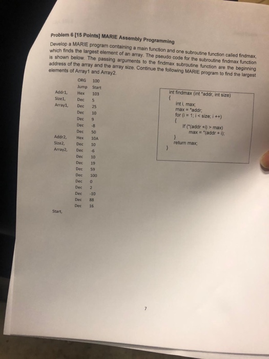 Solved Problem 6 [15 Points] MARIE Assembly Programming | Chegg.com