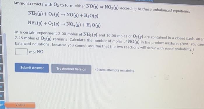 Solved Ammonia reacts with O2 to form either NO(g) or NO2(g) | Chegg.com