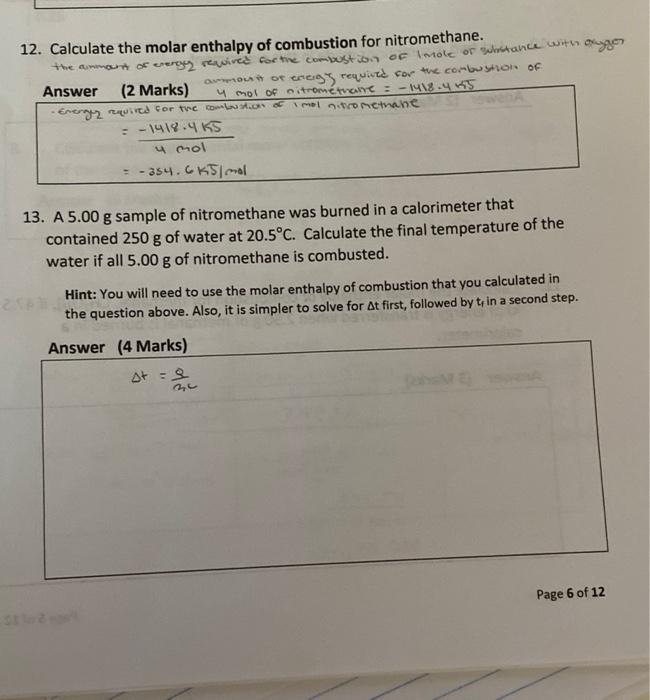 Solved 12. Calculate the molar enthalpy of combustion for | Chegg.com