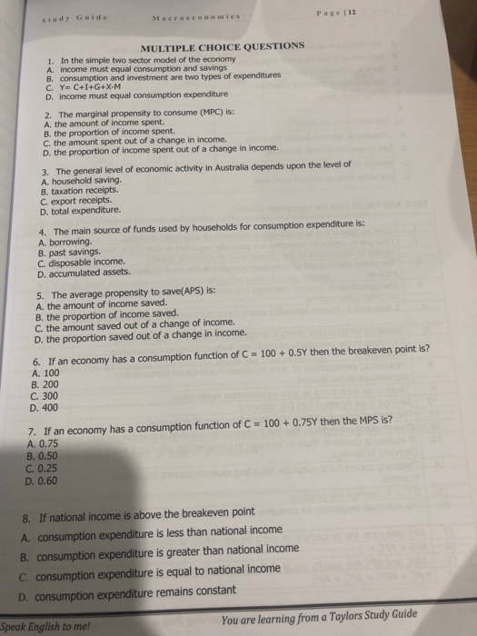 Solved Pas 112 Macroeconomies MULTIPLE CHOICE QUESTIONS 1. | Chegg.com