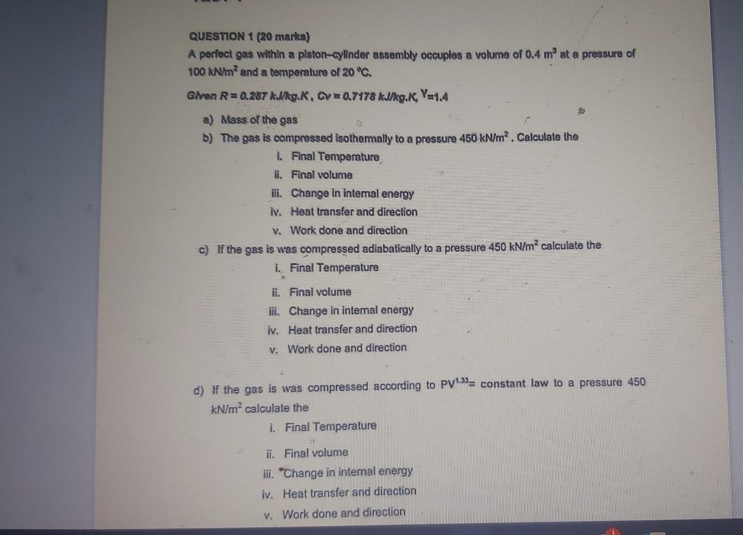 Solved a) Mass of the gas b) The gas is compressed | Chegg.com
