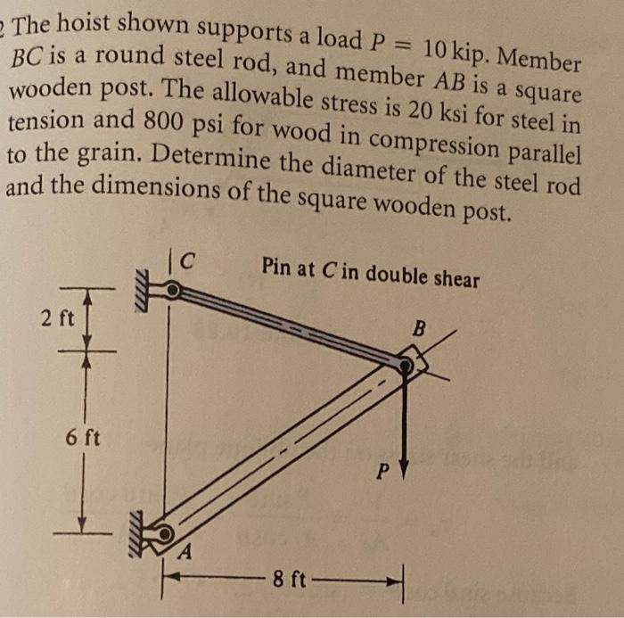 Solved The hoist shown supports a load P = 10 kip. Member BC | Chegg.com