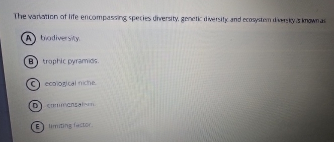 Solved The variation of life encompassing species diversity, | Chegg.com