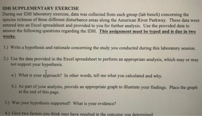 IDH SUPPLEMENTARY EXERCISE During our IDH laboratory | Chegg.com