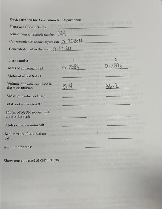 Solved Back Titration for Ammonium Ion Report Sheet Name and | Chegg.com