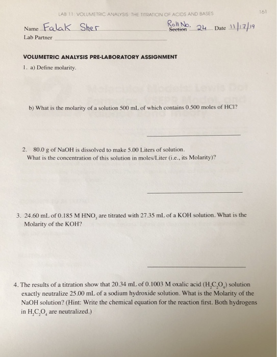 Solved LAB 11 VOLUMETRIC ANALYSIS. THE TITRATION OF ACIDS | Chegg.com