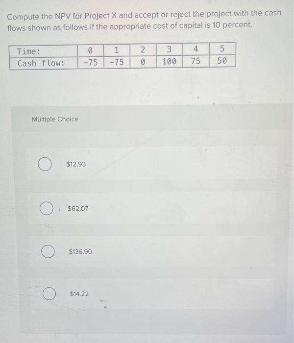 Solved Compute the NPV for Project X and accept or reject | Chegg.com