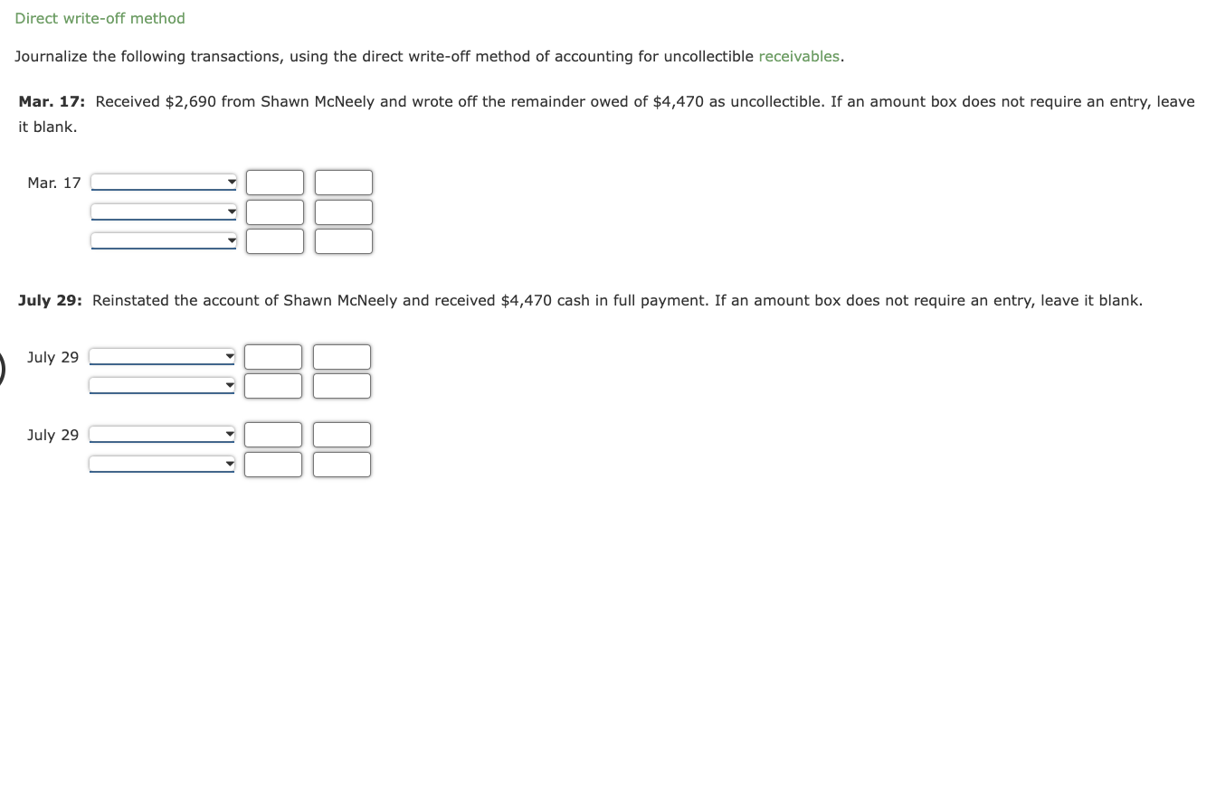 Solved Direct write-off methodJournalize the following | Chegg.com