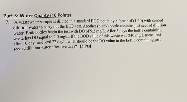 Solved Part 3: Water Quality (10 Points) 7. A wastewater | Chegg.com