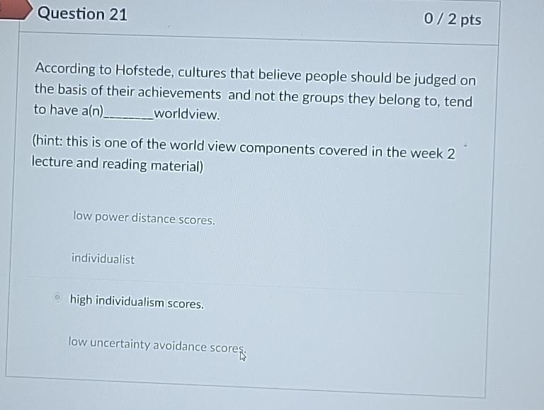 Solved Question 2102 ﻿ptsAccording to Hofstede, cultures | Chegg.com