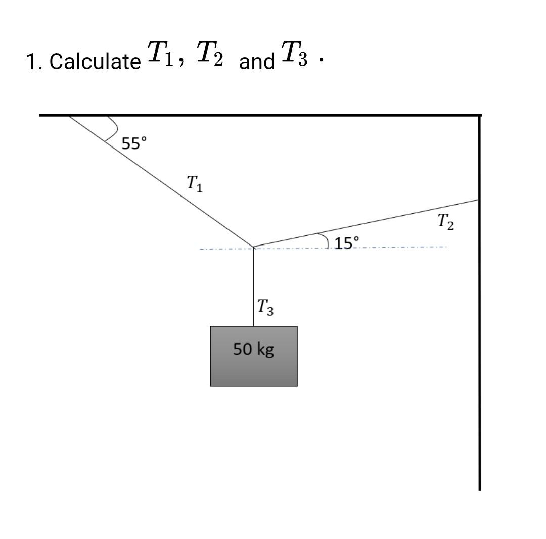 Solved 1. Calculate T1, T2 and Tz . 55° Τη T2 15° T3 50 kg | Chegg.com