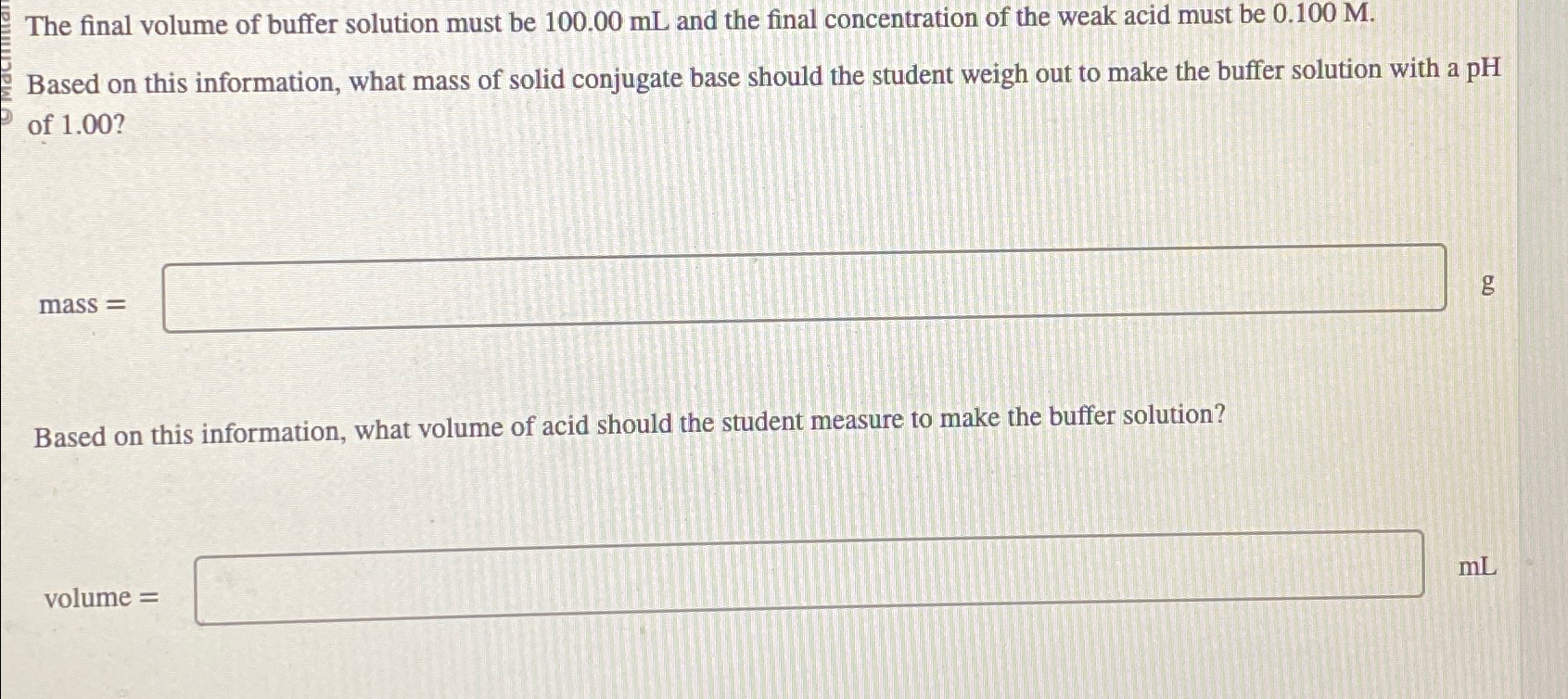 Solved The final volume of buffer solution must be 100.00mL | Chegg.com