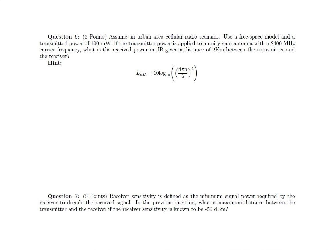 Solved Question 6: (5 Points) Assume an urban area cellular | Chegg.com