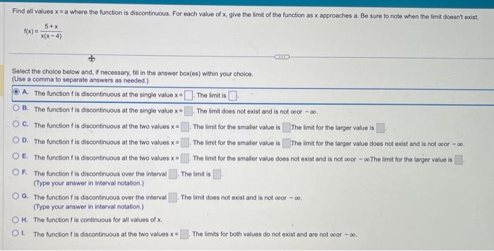 Solved Find all values x = a where the function is | Chegg.com