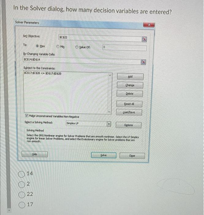 Solved In the Solver dialog, cell C22 contains: Solver | Chegg.com