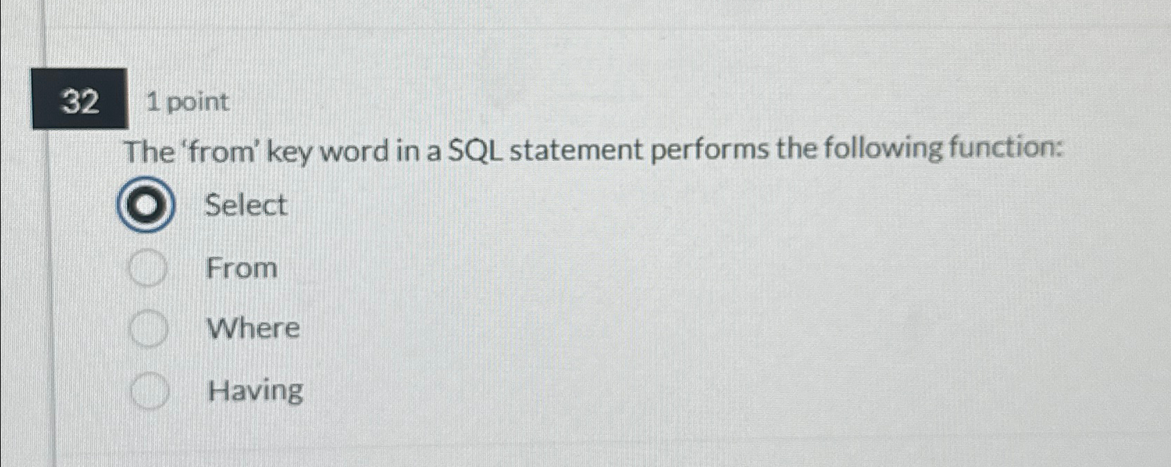 Solved 1 ﻿pointThe 'from' key word in a SQL statement | Chegg.com